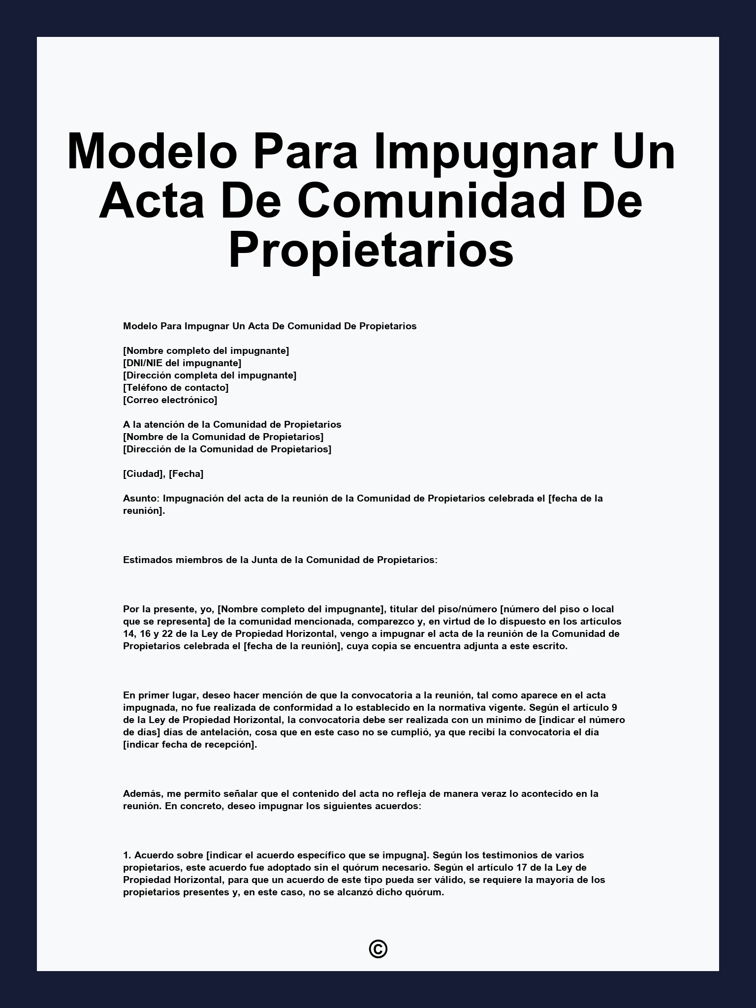 Modelo Para Impugnar Un Acta De Comunidad De Propietarios